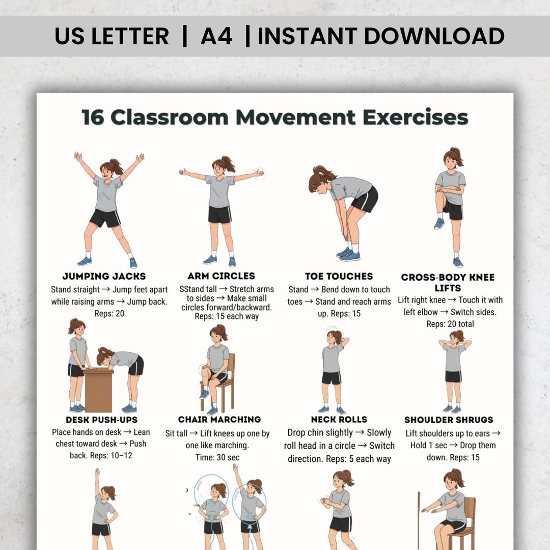 16 Classroom Movement Exercises Printable | Kids Exercise Poster A4 ...