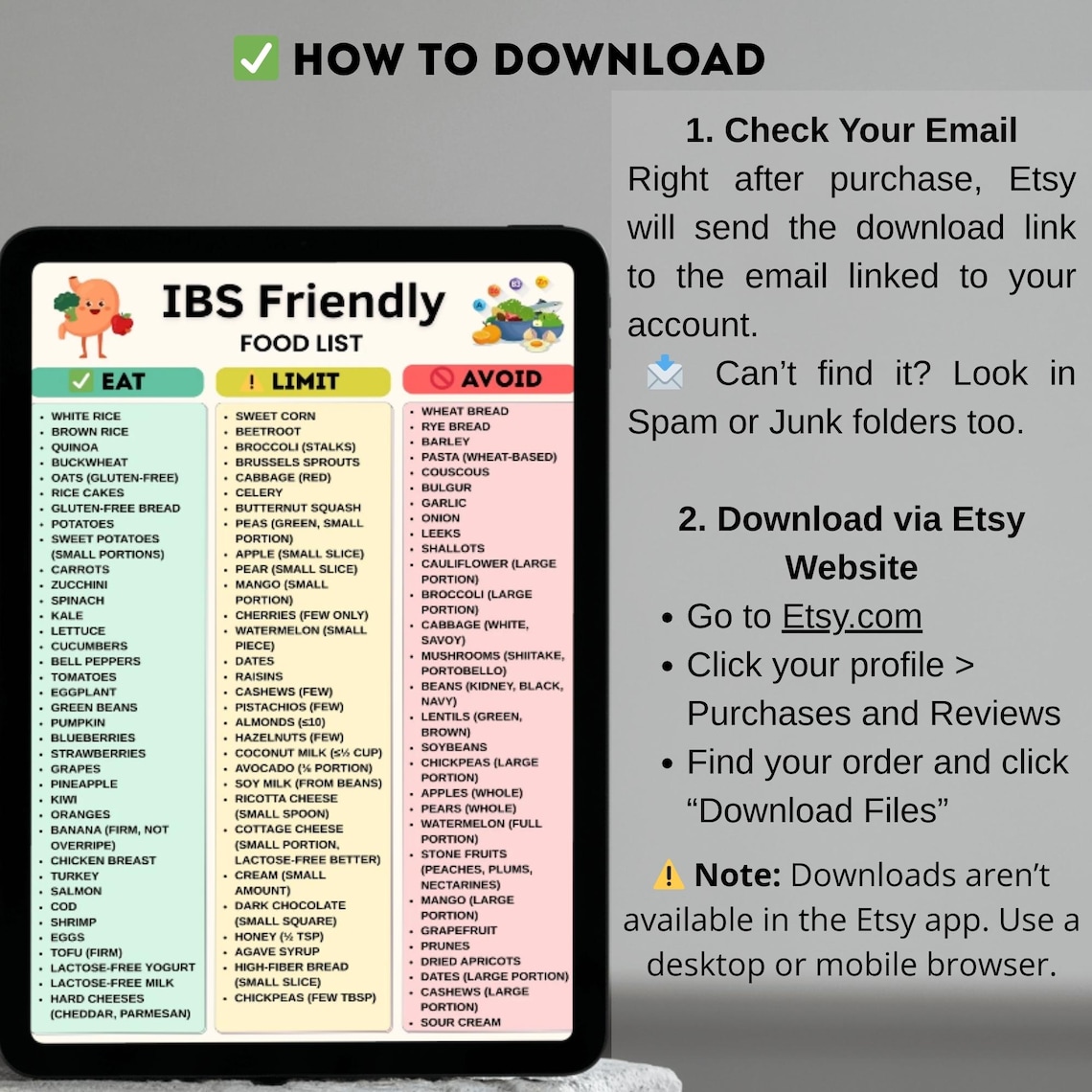IBS Food List Printable, Low FODMAP Diet Chart (PDF Download) - Etsy