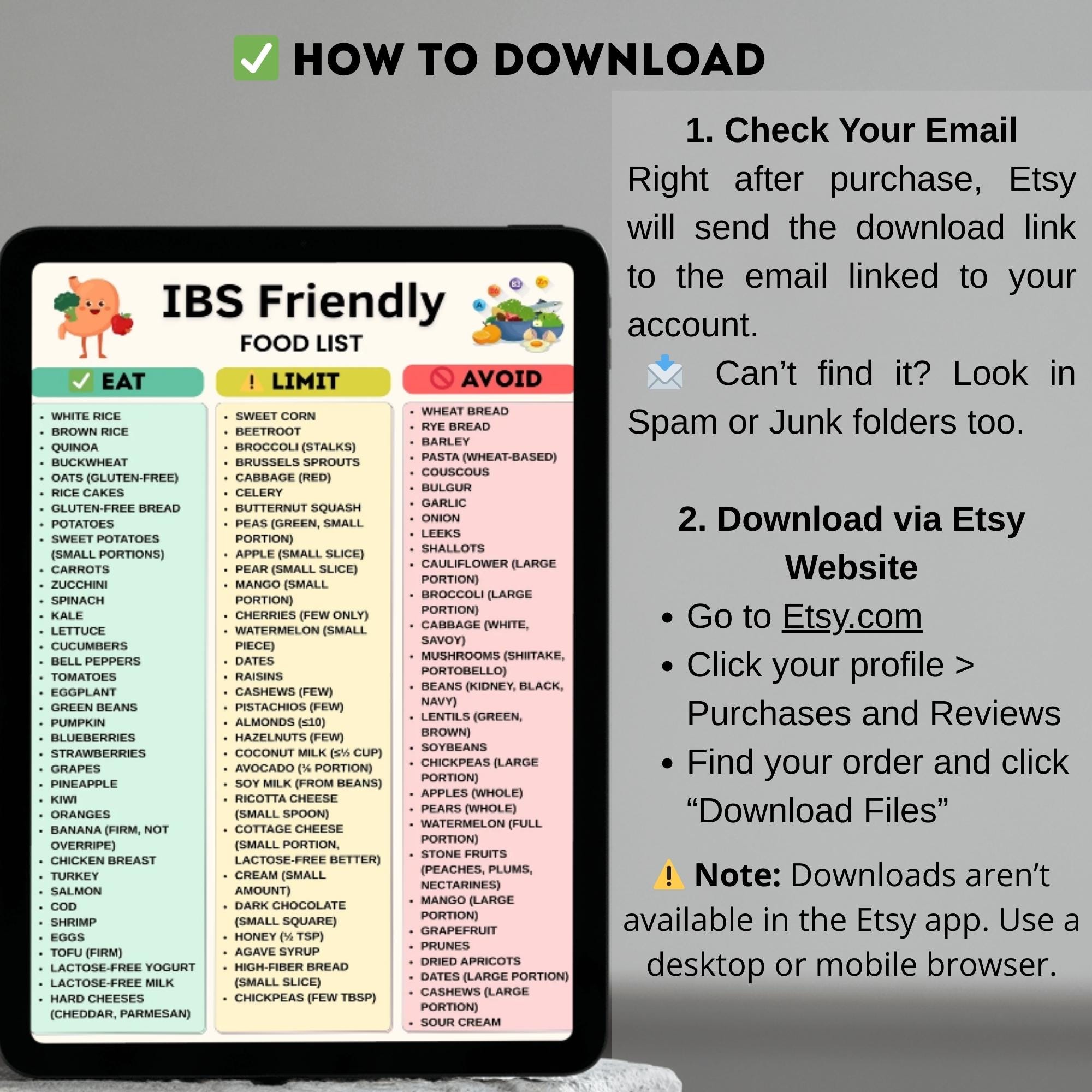 IBS Food List Printable, Low FODMAP Diet Chart (PDF Download) - Etsy