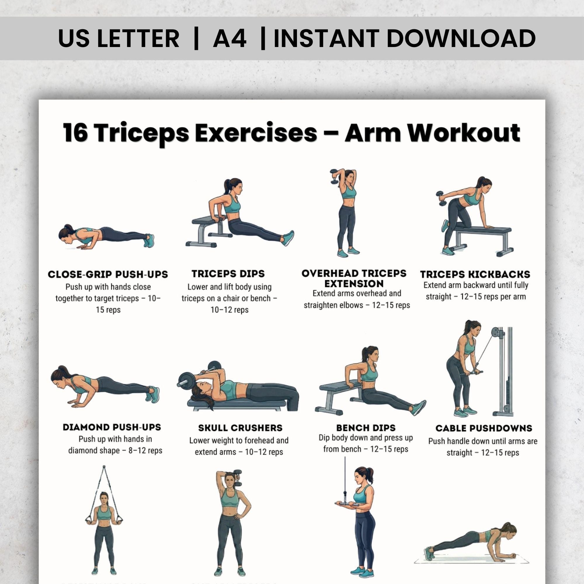 16 Triceps Exercises Arm Workout Printable | Triceps Workout Poster ...