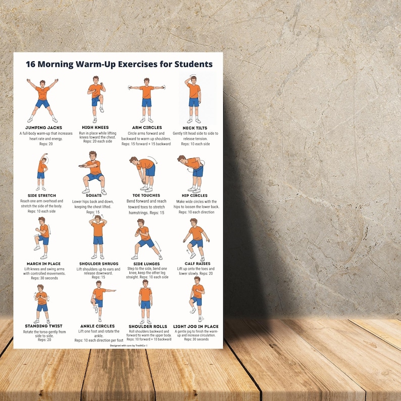 Morning Warm-up Exercises for Students Printable, Kids Exercise Chart ...