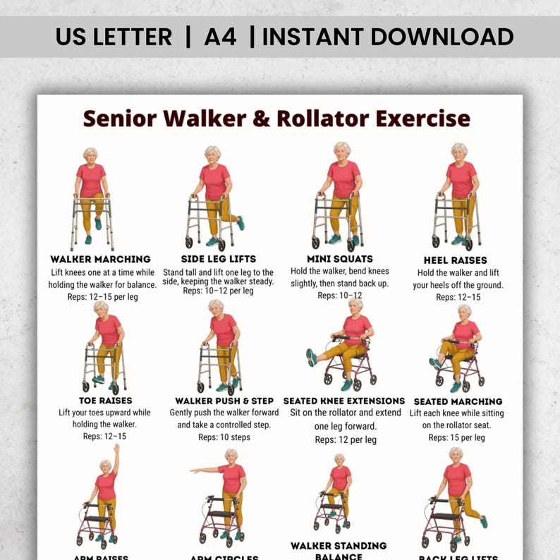 Senior Walker Exercise Chart | Rollator Exercise Printable | Walker ...