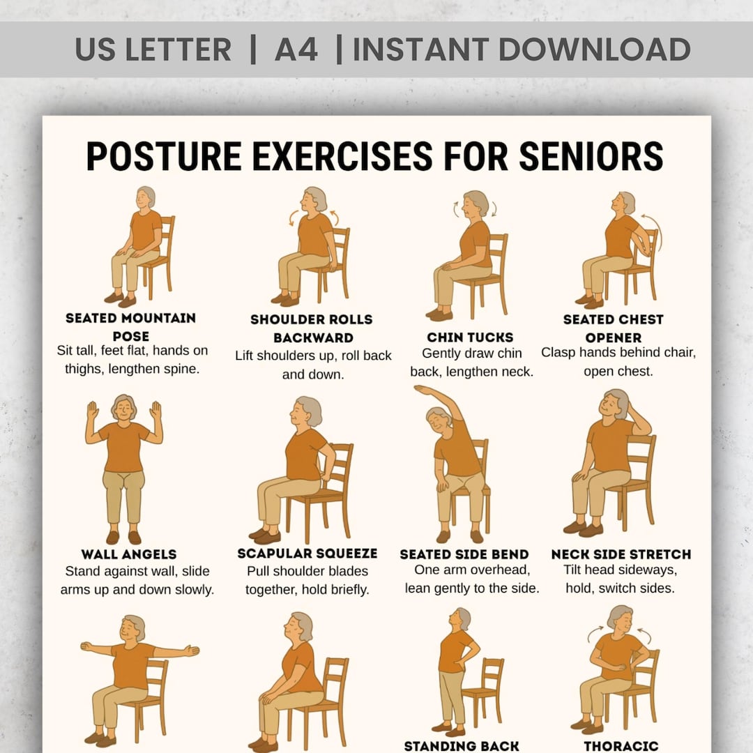 Posture Exercises for Seniors, Printable Posture Chart PDF, Chair ...