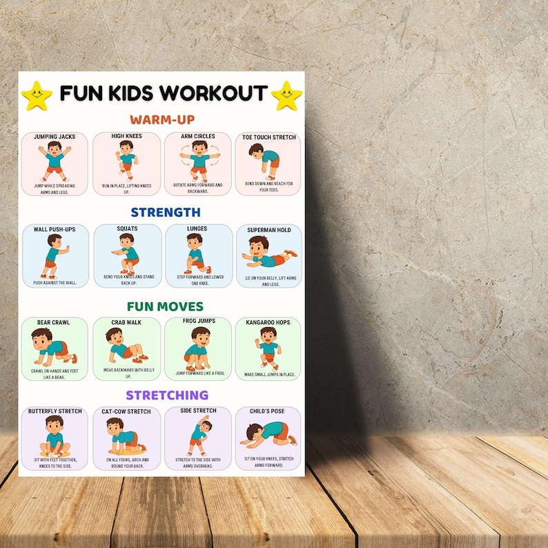 Kids Fitness Poster, Kids Exercise Chart, Printable Workout for ...