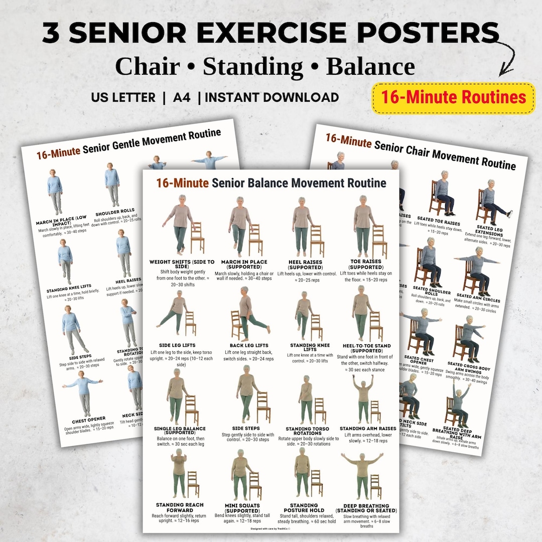 Senior Exercise Poster Bundle, Standing Chair Balance Exercises for ...