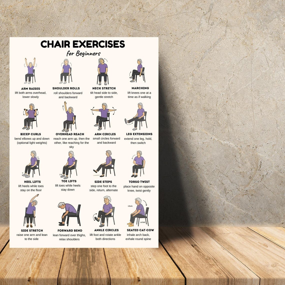 Chair Exercises for Beginners 16 Moves, Seated Exercise Plan PDF ...