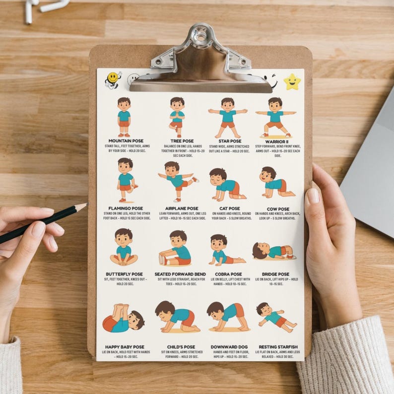 Kids Yoga Poster, Printable Yoga Poses for Children, 16 Easy Exercises ...
