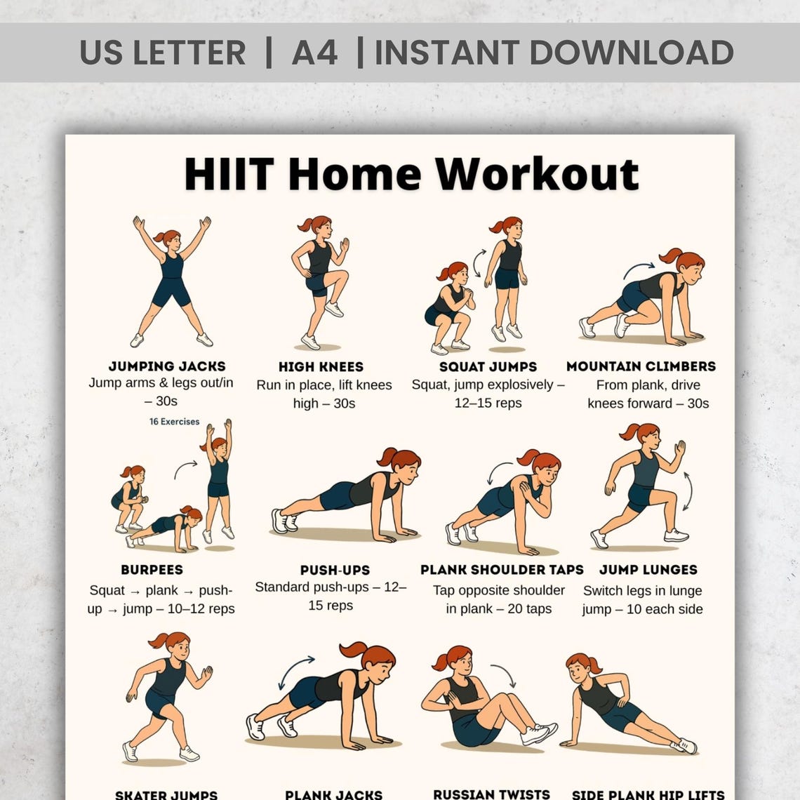 HIIT Home Workout Printable | 16 Bodyweight Exercises PDF | at Home ...