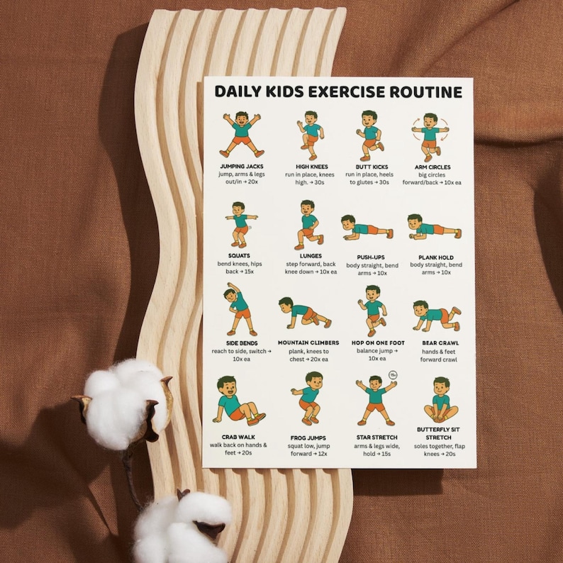 Kids Exercise Chart Printable – 16 Daily Workout Moves Poster | Kids ...