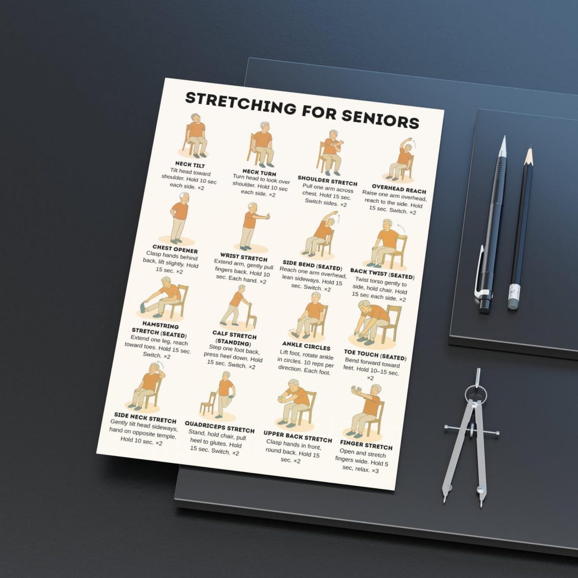 Stretching Chart for Seniors Printable, Gentle Seated & Standing ...