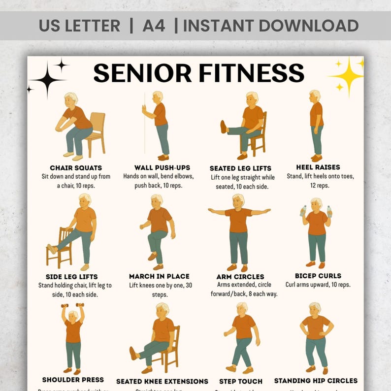 Senior Fitness Printable PDF, 16 Easy Chair & Standing Exercises for ...