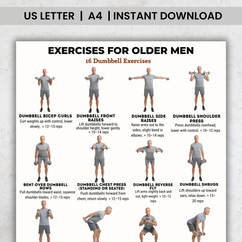 Exercises for Older Men Printable – 16 Dumbbell Exercises, Standing ...