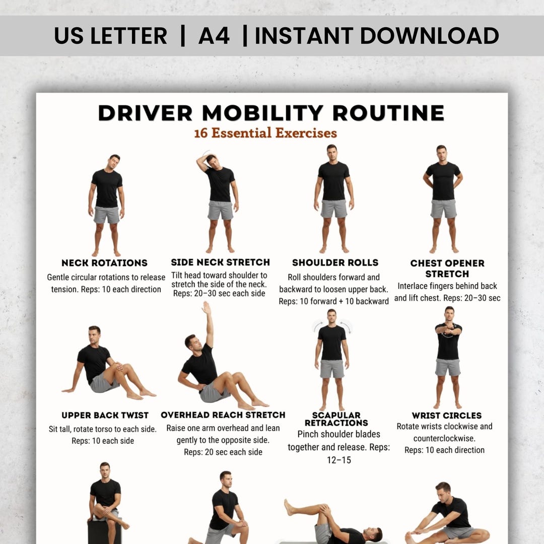 Driver Mobility Routine Printable, 16 Essential Exercises, Car Travel ...