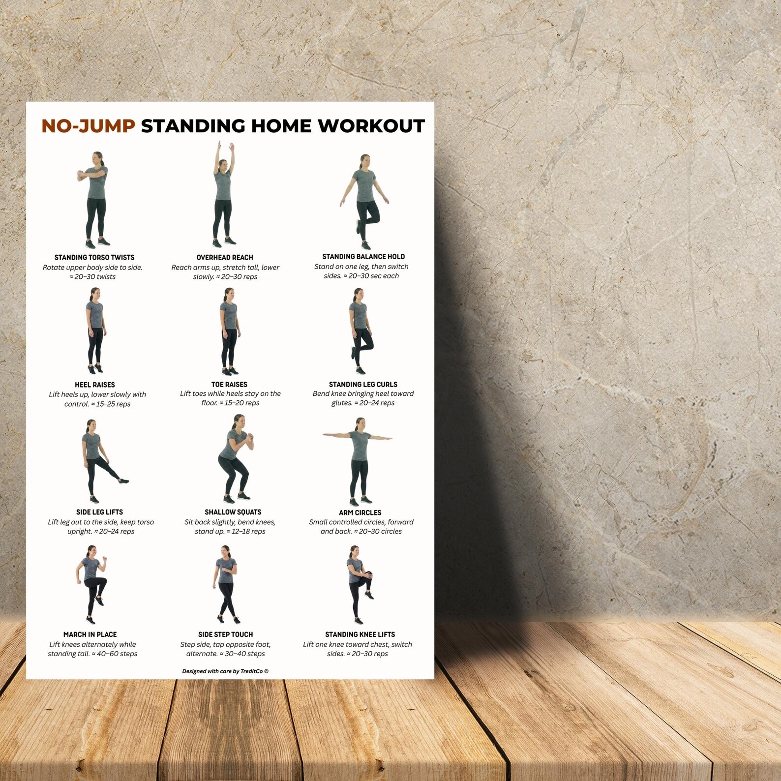 Standing Home Workout Printable | No Jump Low Impact Exercise Chart ...