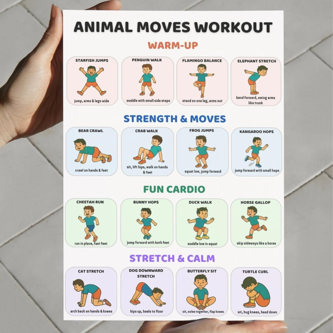 Kids Workout Poster Printable – 16 Fun Animal Moves Exercises, Kids ...