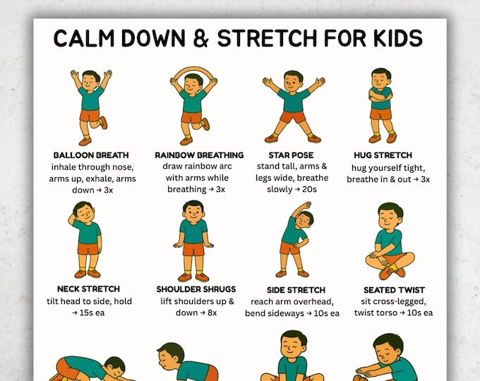 Calm Down & Stretch for Kids Printable – 16 Mindful Breathing Stretch ...