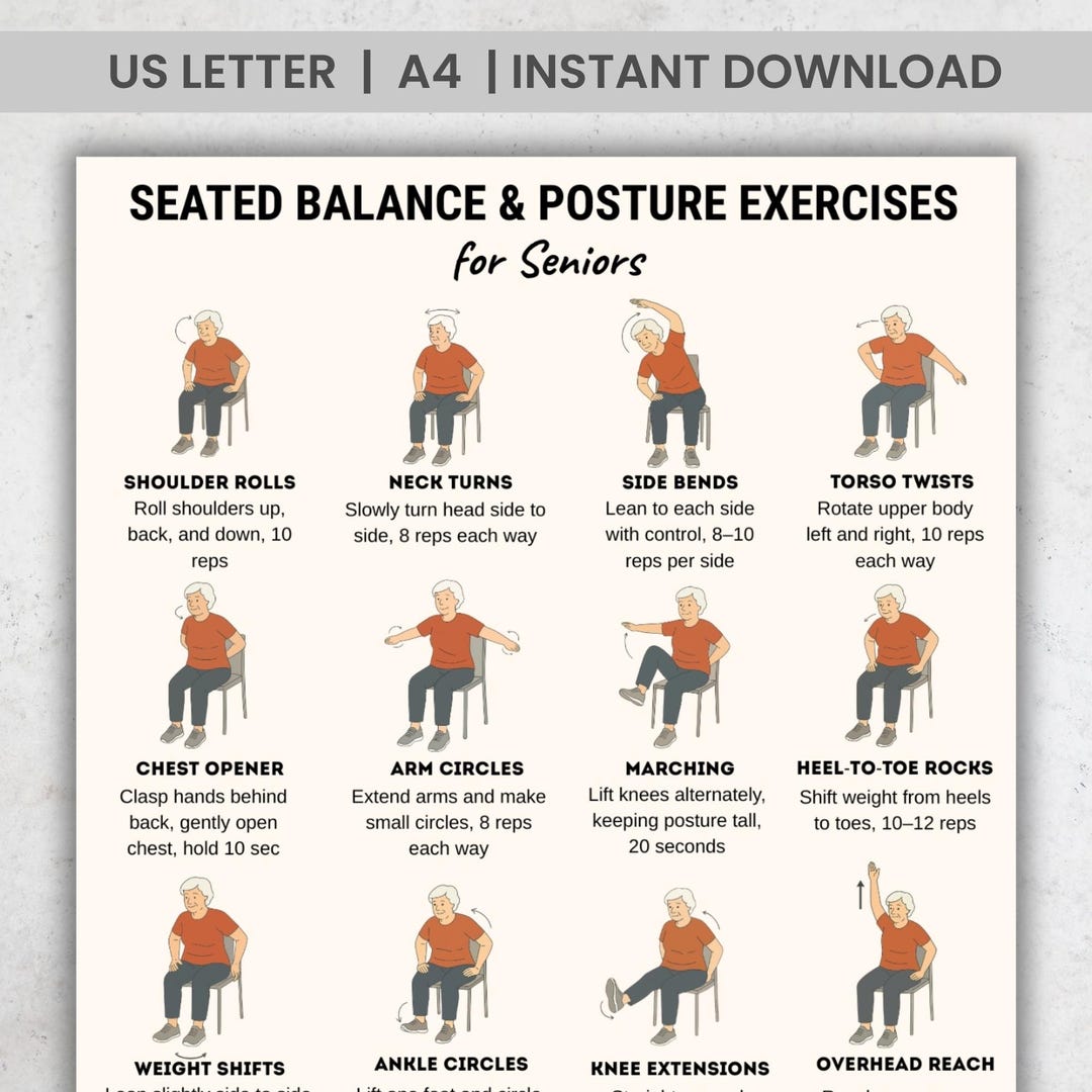 Seated Balance & Posture Exercises for Seniors Printable PDF | Chair ...