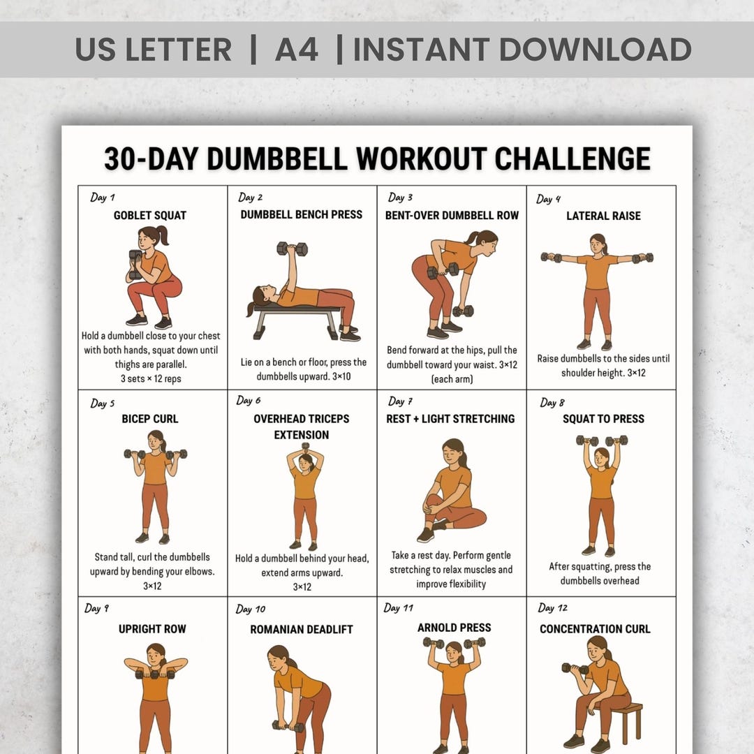 30 Day Dumbbell Workout Challenge Printable PDF | Home Workout Plan ...