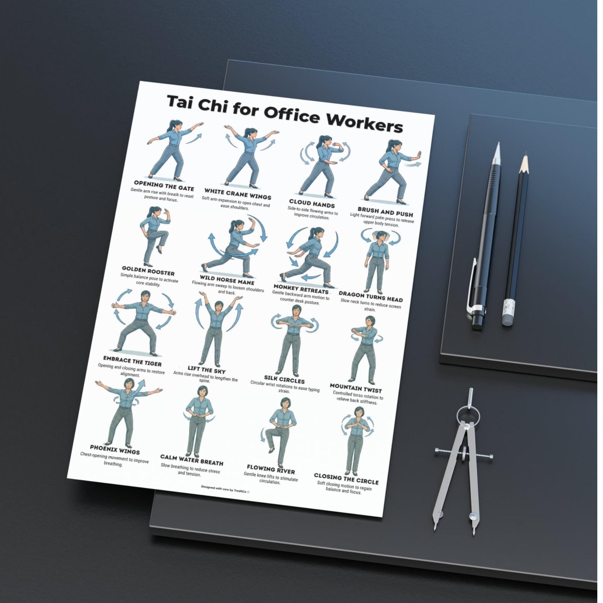 Desk Stretch Exercises Printable PDF Poster, Tai Chi Office Routine ...