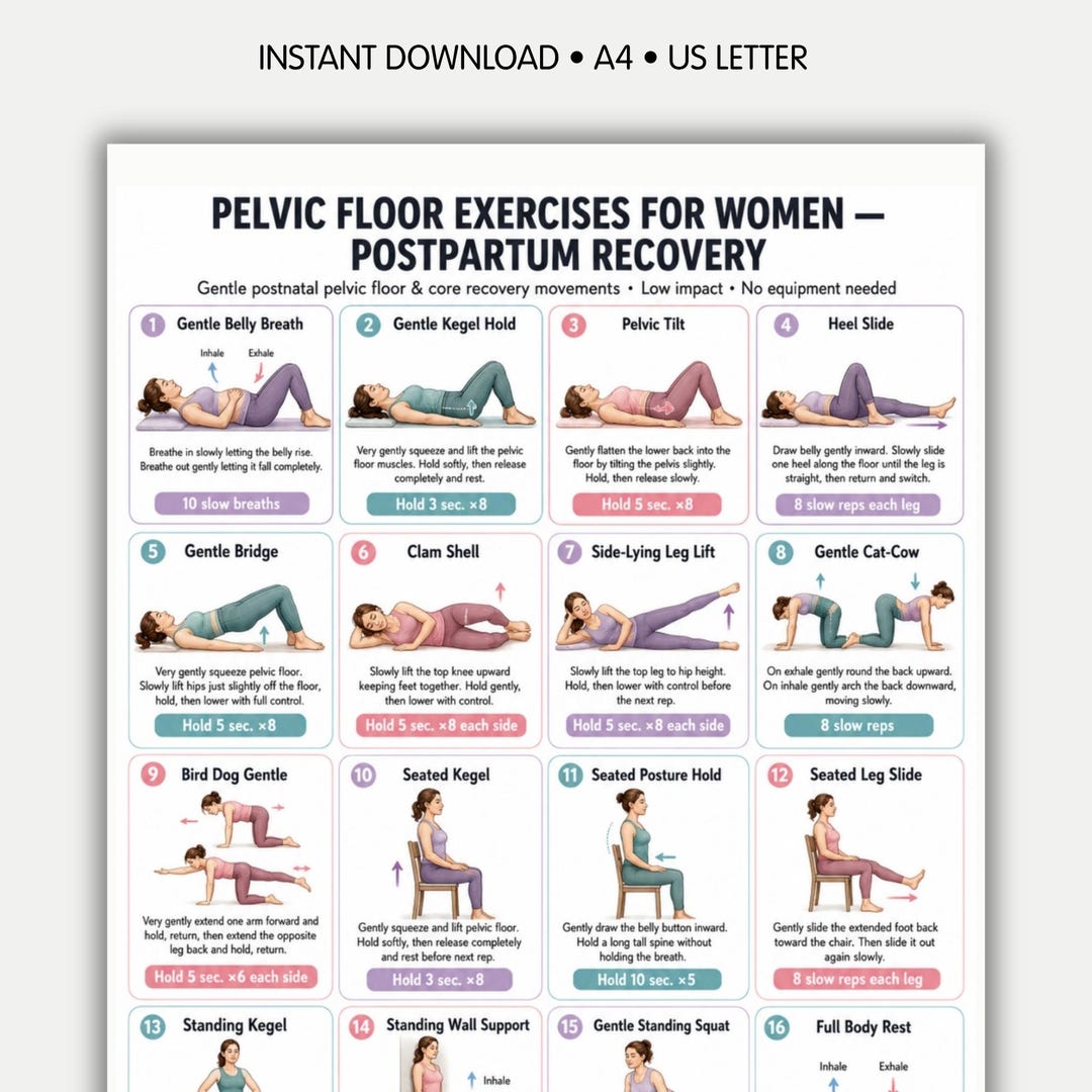 Pelvic Floor Exercises for Women Printable PDF — 16 Gentle Postpartum ...