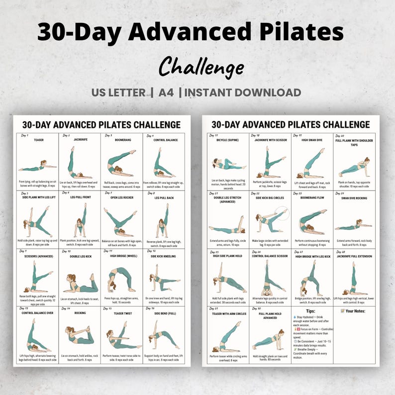 30 Day Advanced Pilates Challenge Printable | Daily Pilates Workout ...