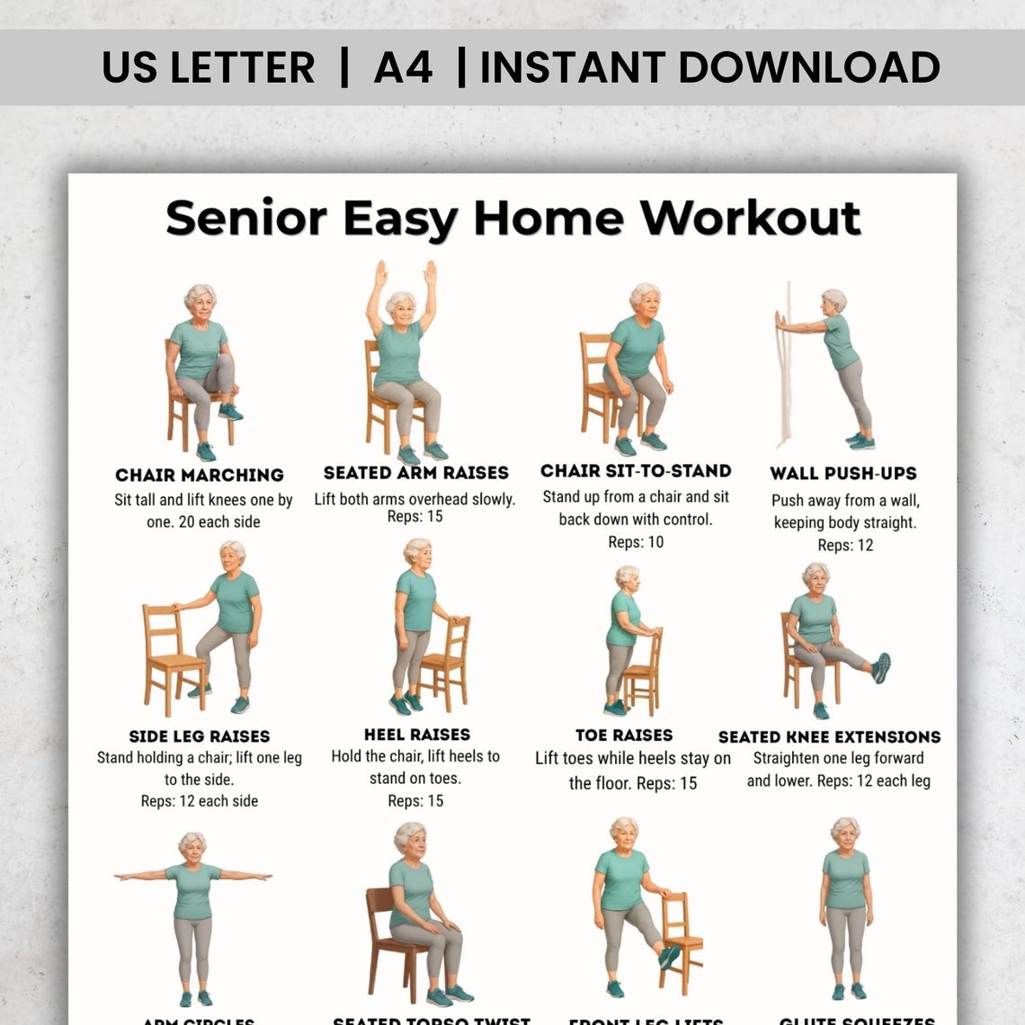 Senior Home Workout | 16 Beginner Exercises Printable | Low-impact ...