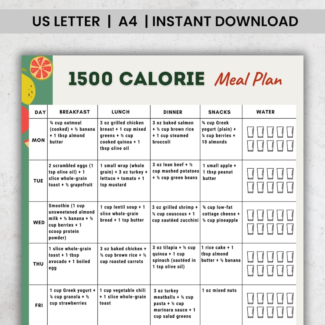 1500 Calorie Meal Plan Printable | 1500 Calories Meal Prep Planner PDF ...