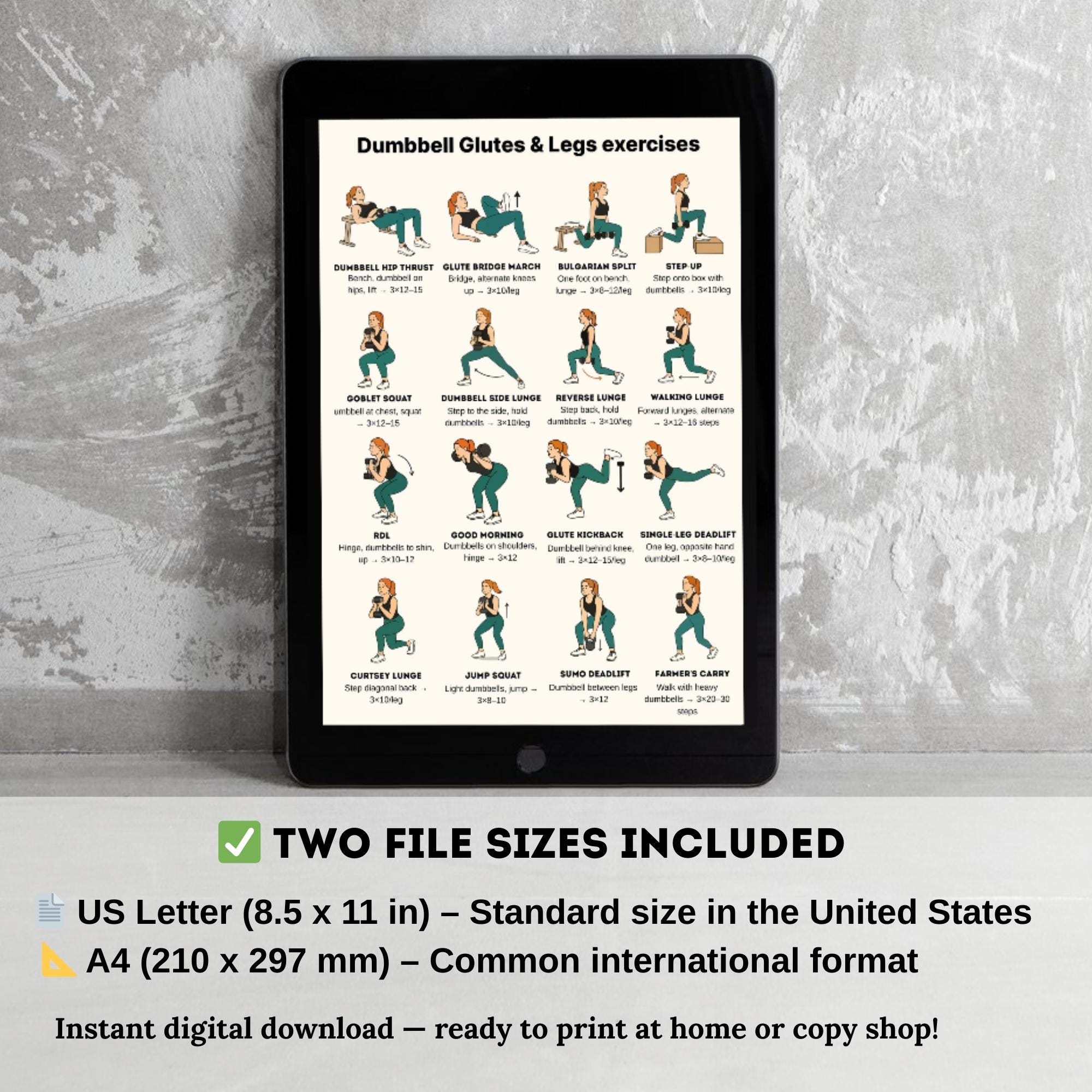 Dumbbell Glutes & Legs Workout Poster – 16 Exercises Chart, Fitness ...