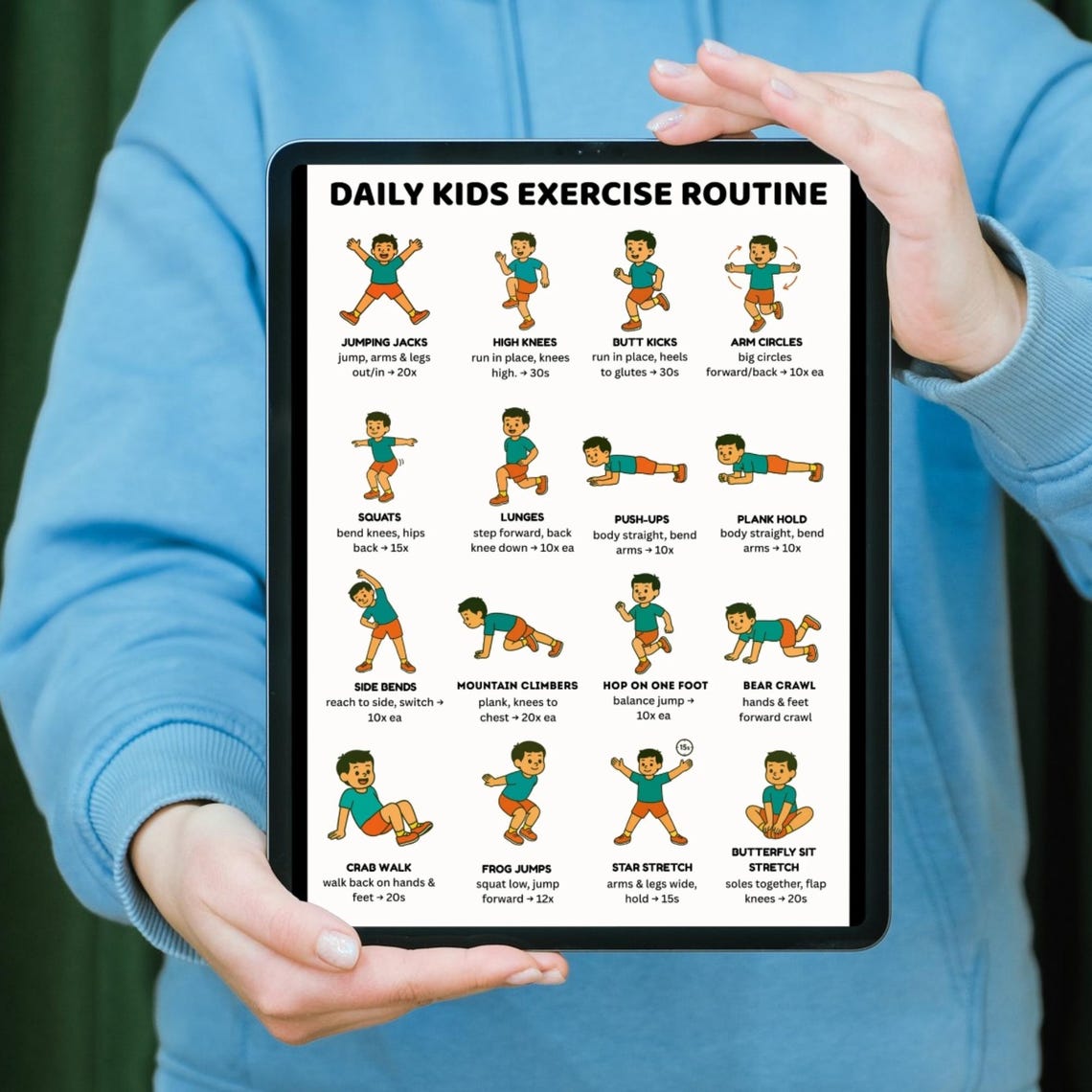 Kids Exercise Chart Printable – 16 Daily Workout Moves Poster | Kids ...