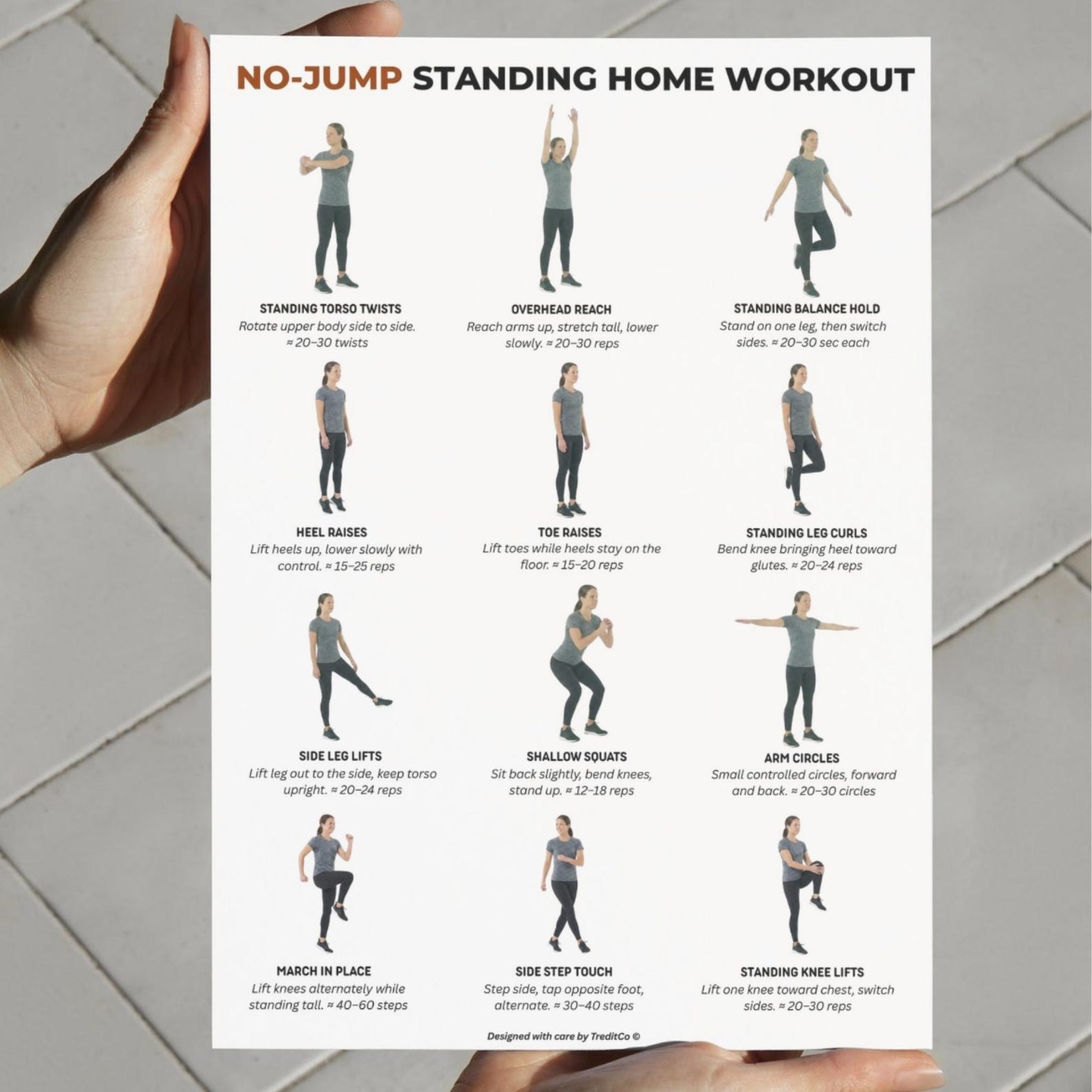 Standing Home Workout Printable | No Jump Low Impact Exercise Chart ...