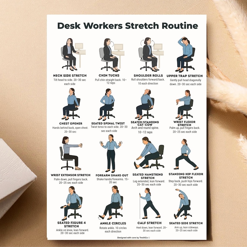 Desk Stretch Routine Printable, Office Chair Exercises Chart, Workplace ...