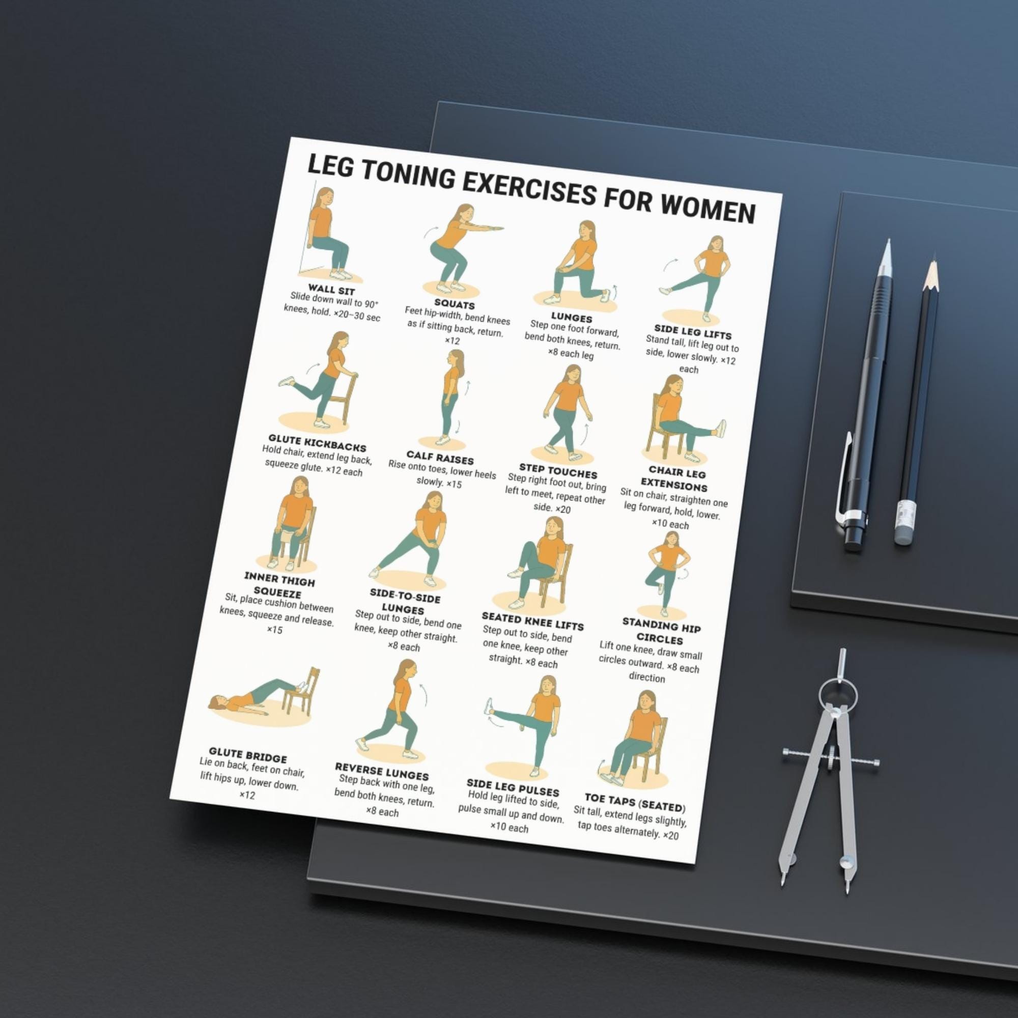 Leg Toning Workout Poster, Lower Body Exercises Chart for Women ...