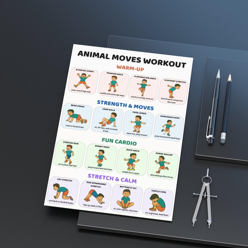 Kids Workout Poster Printable – 16 Fun Animal Moves Exercises, Kids ...