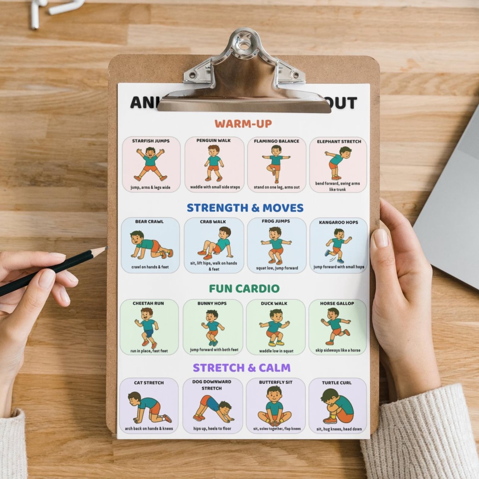 Kids Workout Poster Printable – 16 Fun Animal Moves Exercises, Kids ...