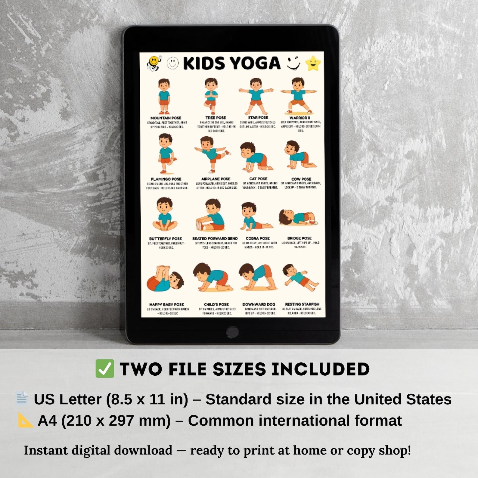 Kids Yoga Poster, Printable Yoga Poses for Children, 16 Easy Exercises ...
