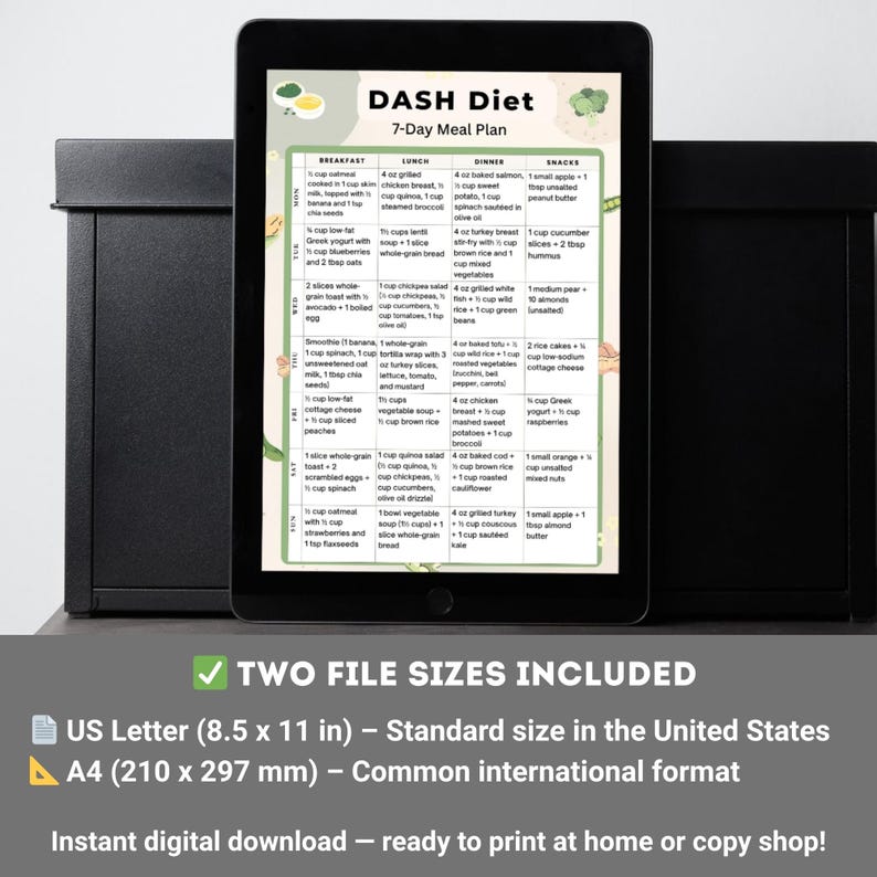 7 Day DASH Diet Meal Plan | Low Sodium Weekly Meal Planner PDF | DASH Diet Printable ...