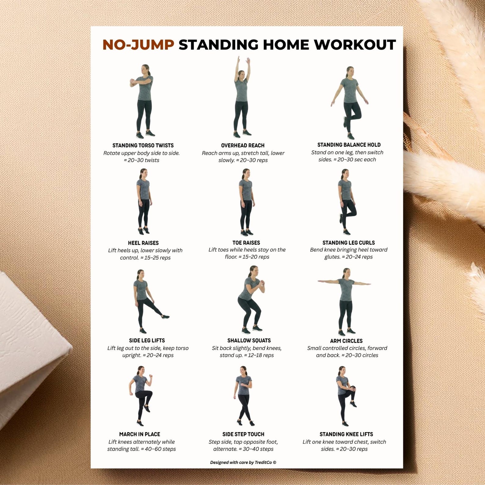No Jump Standing Home Workout Printable, Low Impact Apartment Workout ...