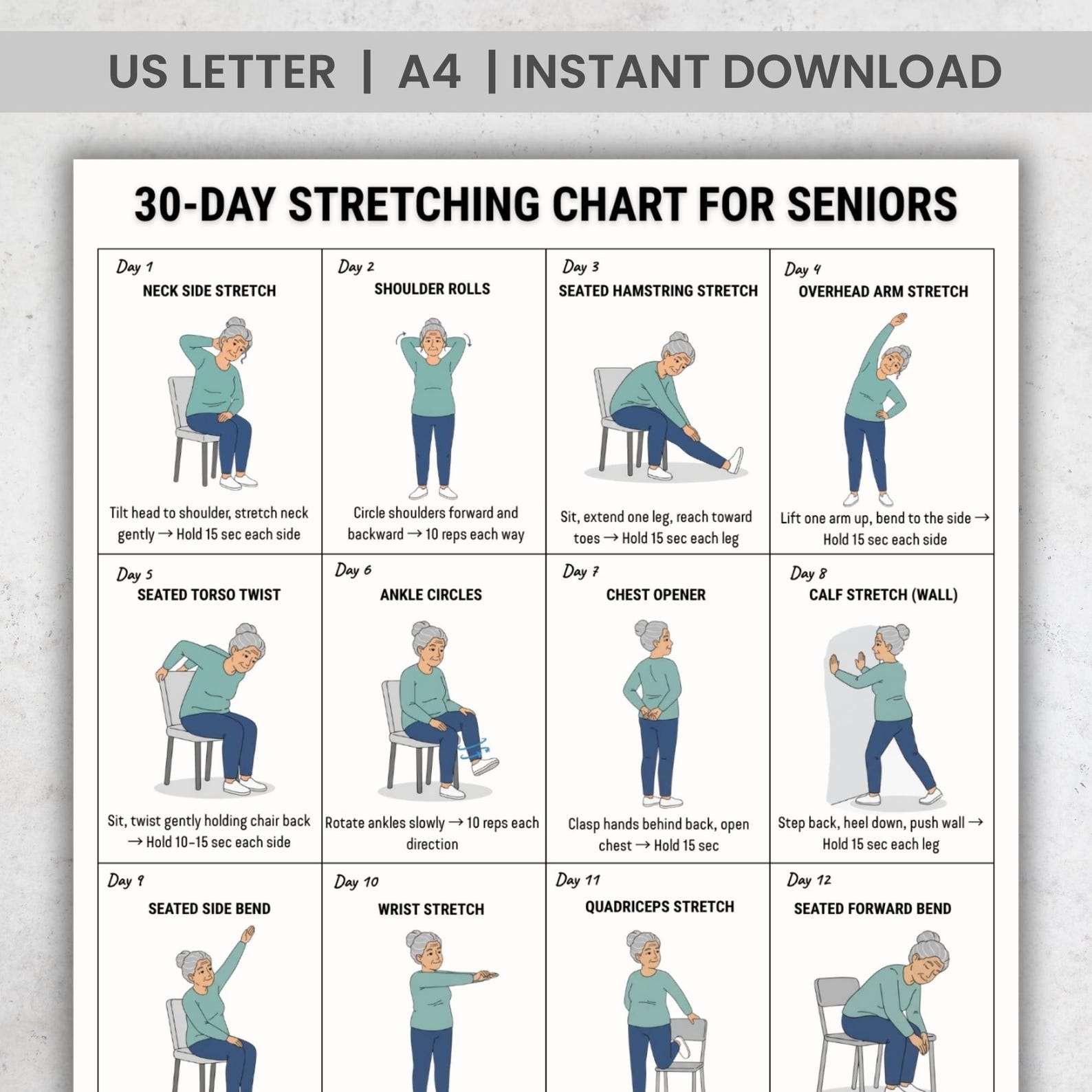 30 Day Stretching Chart for Seniors | Gentle Daily Stretch Routine ...