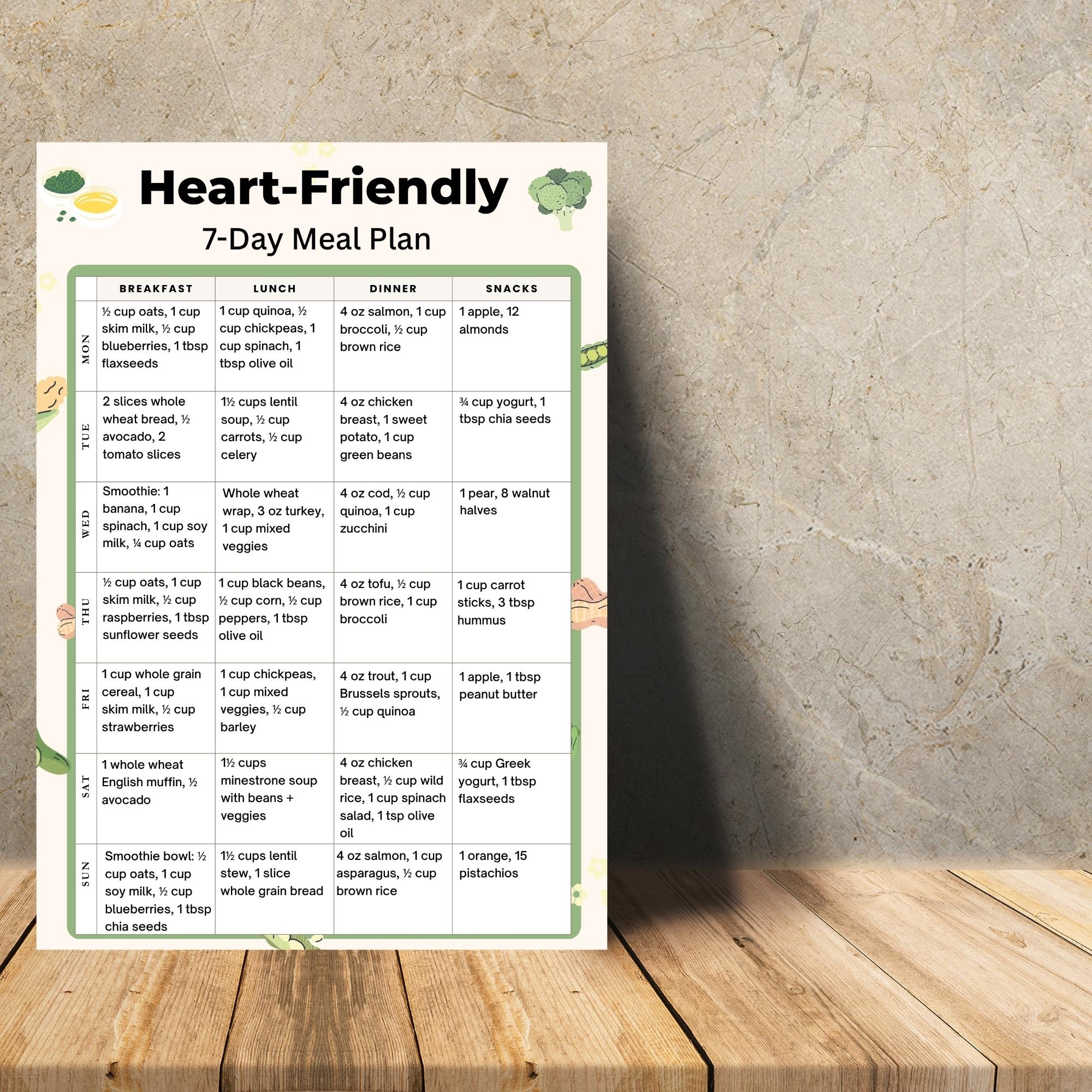 Heart Friendly 7 Day Meal Plan | Cholesterol Diet Printable | Low ...