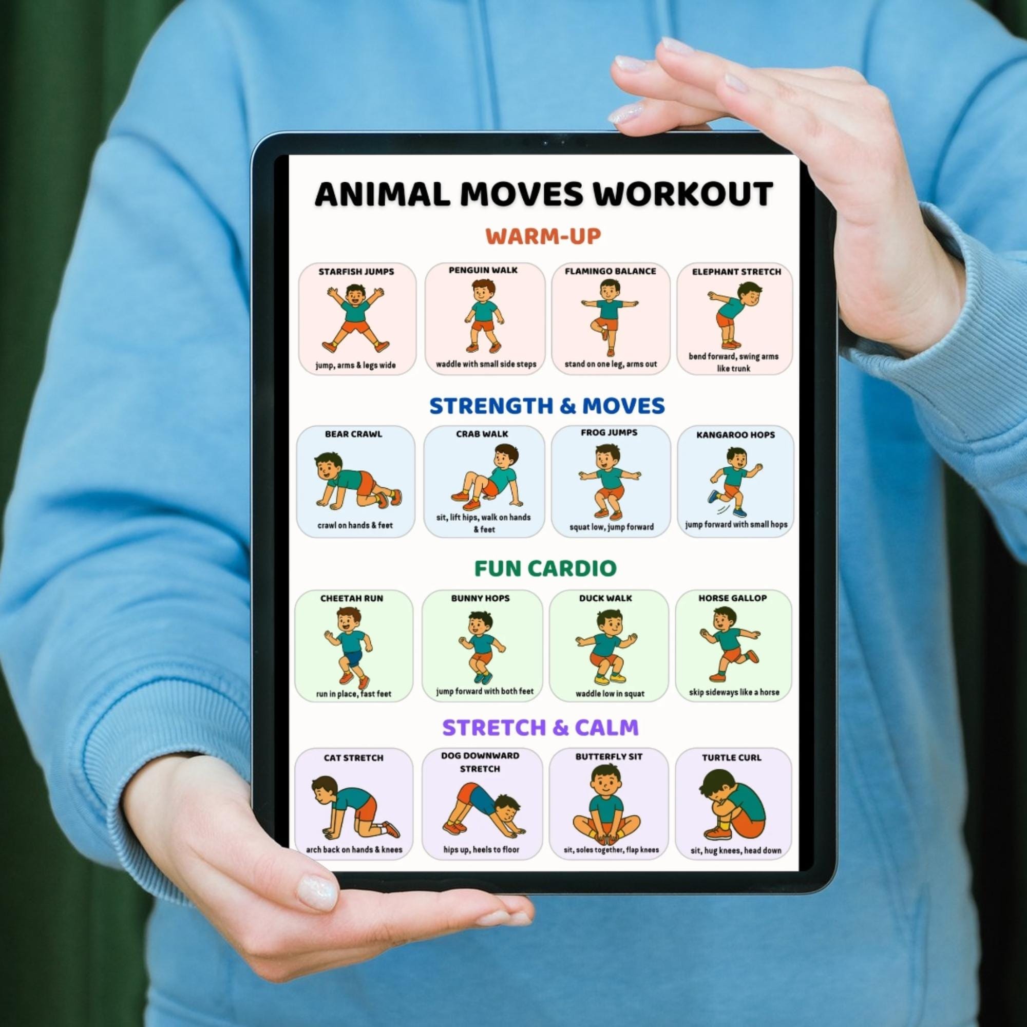 Kids Workout Poster Printable – 16 Fun Animal Moves Exercises, Kids ...