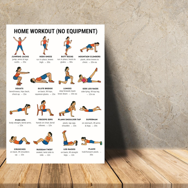 Home Workout Printable – 16 No Equipment Exercises | Full Body Workout ...