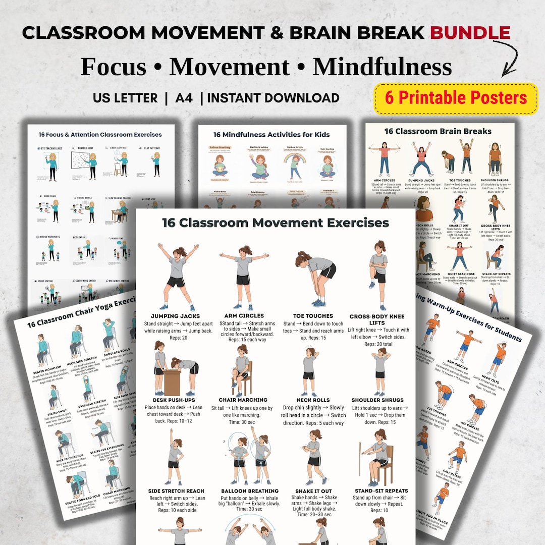 Classroom Movement & Brain Breaks for Kids Bundle Printable, Focus ...