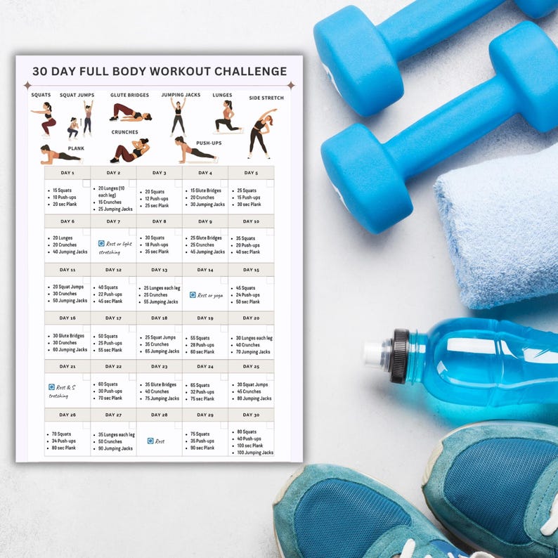 30 Day Full Body Workout Challenge Printable Chart | Home Fitness ...