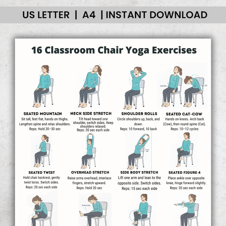 Classroom Chair Yoga Exercises Printable, 16 Chair Yoga Poses, School ...