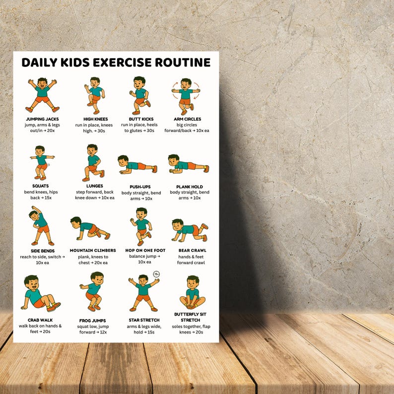 Kids Exercise Chart Printable – 16 Daily Workout Moves Poster | Kids ...