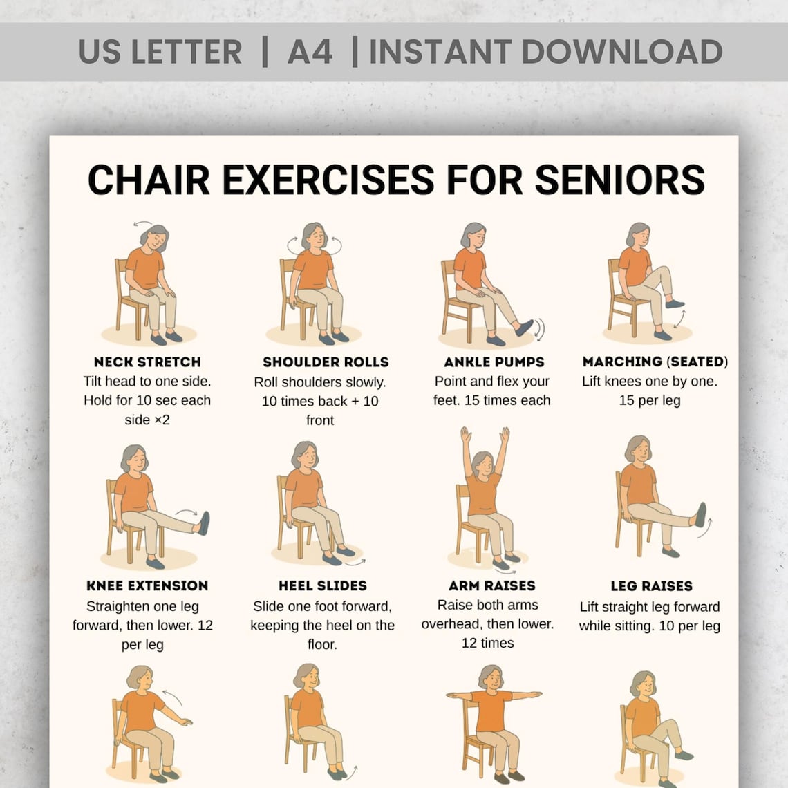 Chair Exercises for Seniors Printable, Seated Workout Chart, Gentle ...