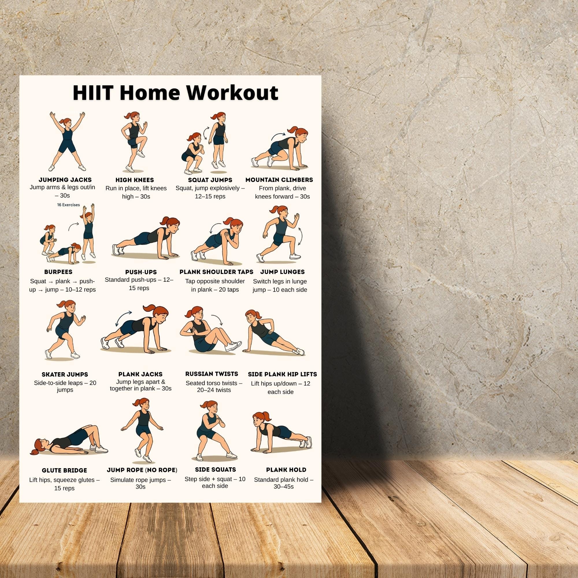 HIIT Home Workout Printable | 16 Bodyweight Exercises PDF | at Home ...