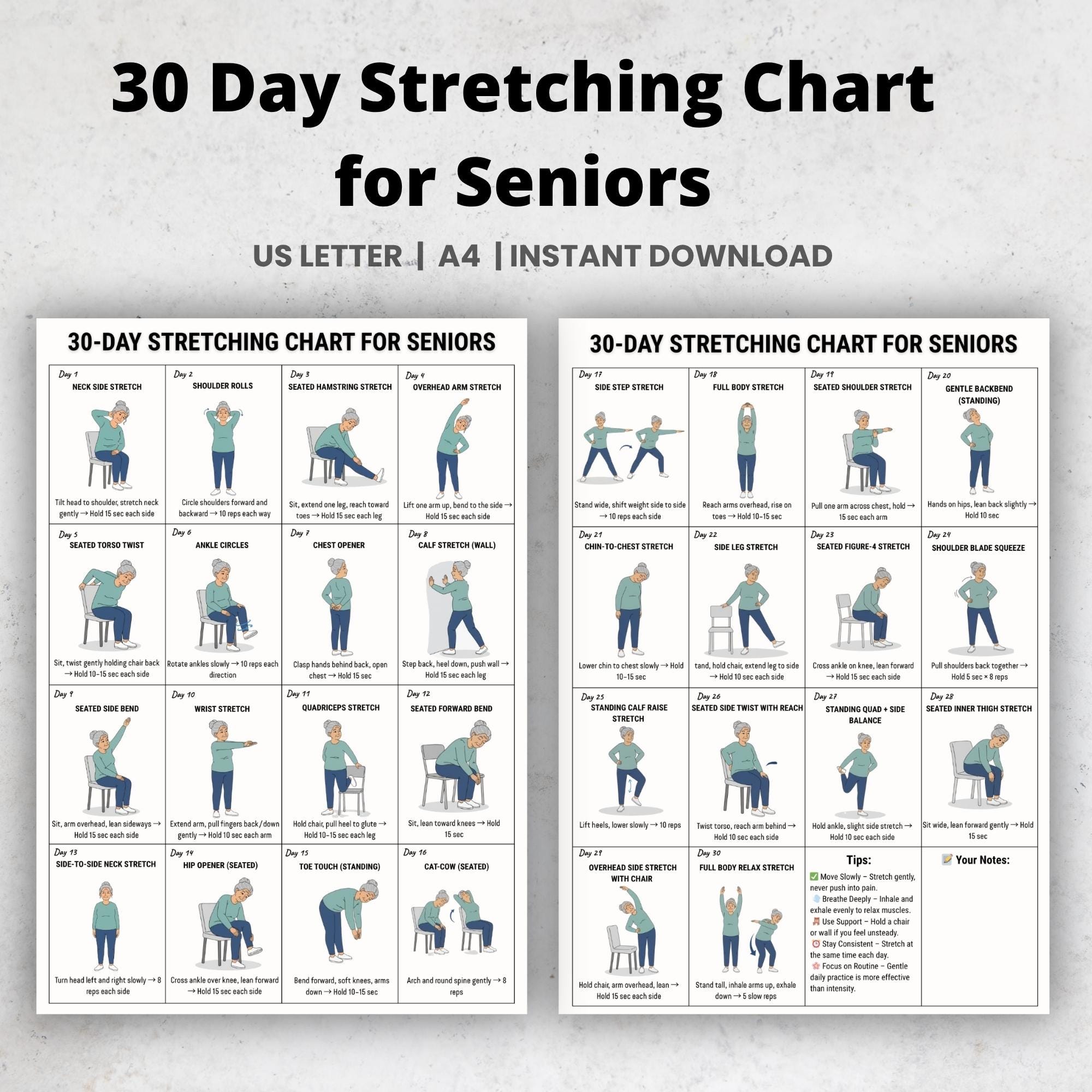 30 Day Stretching Chart for Seniors | Gentle Daily Stretch Routine ...