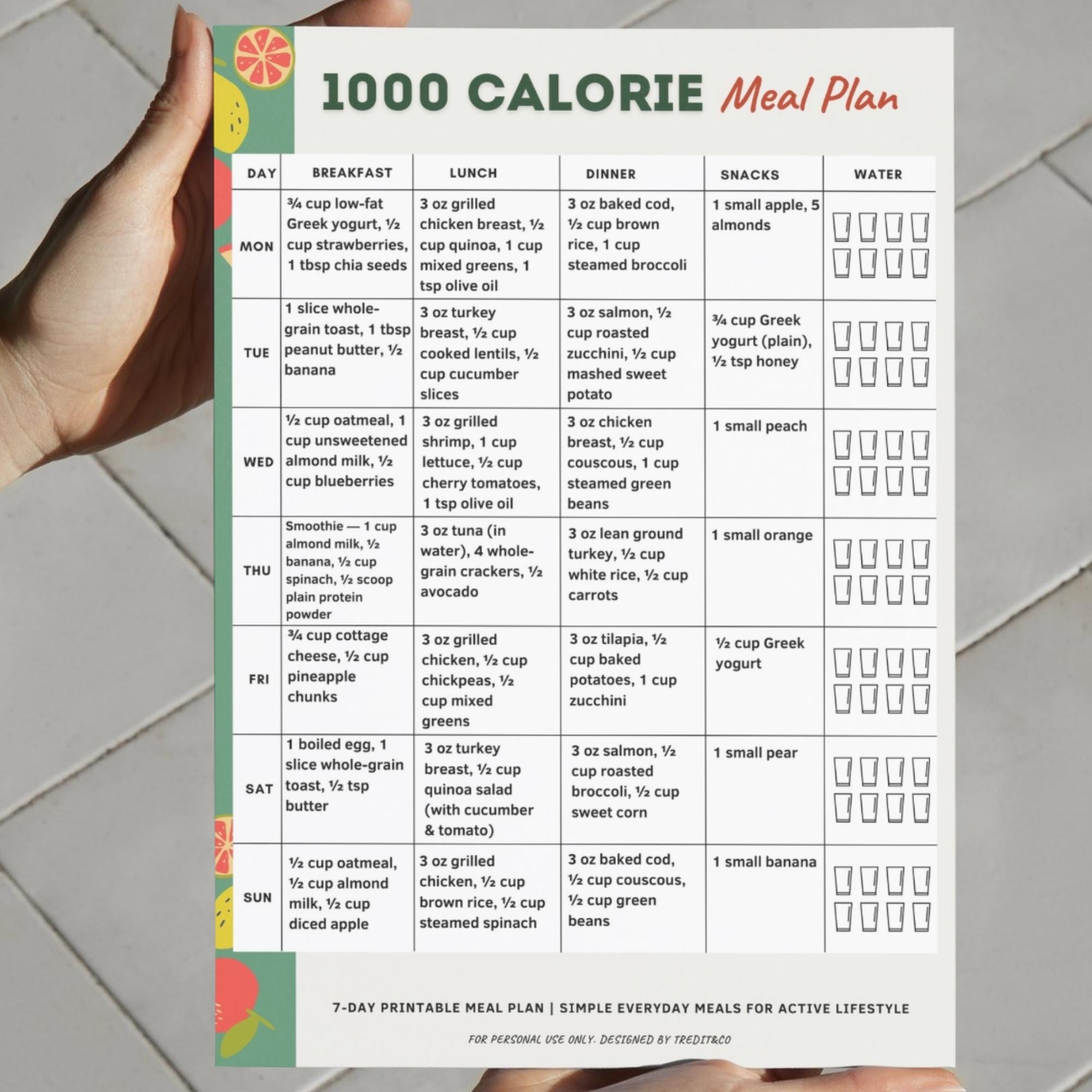 1000 Calorie Meal Plan Printable | 7-day 1000 Calories Menu PDF | Meal ...