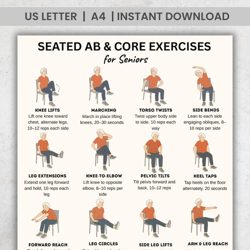 Seated Ab and Core Exercises for Seniors | Chair Workout Printable PDF ...